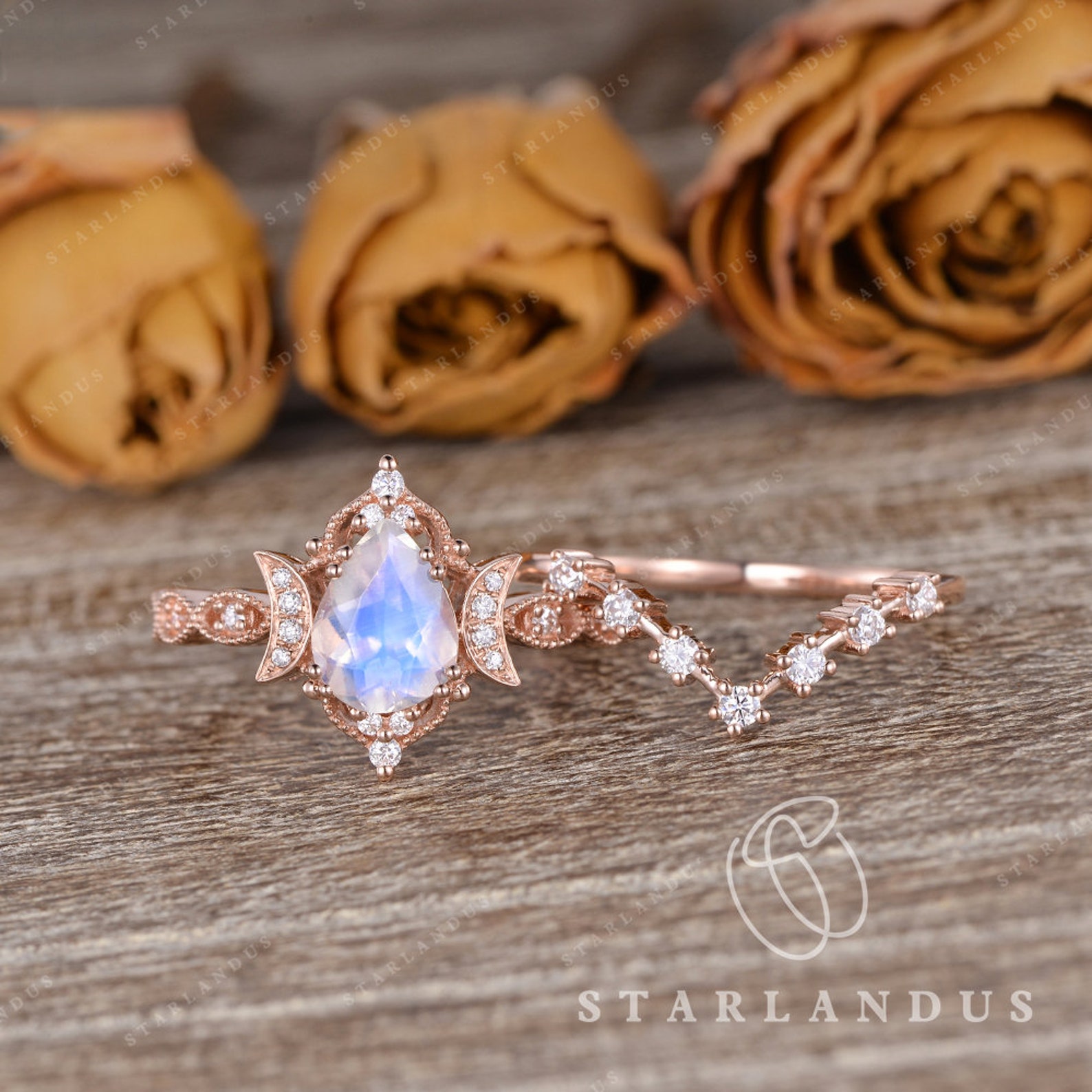 Star Moon Engagement Ring Pear Shaped Wedding Ring Cluster | Etsy