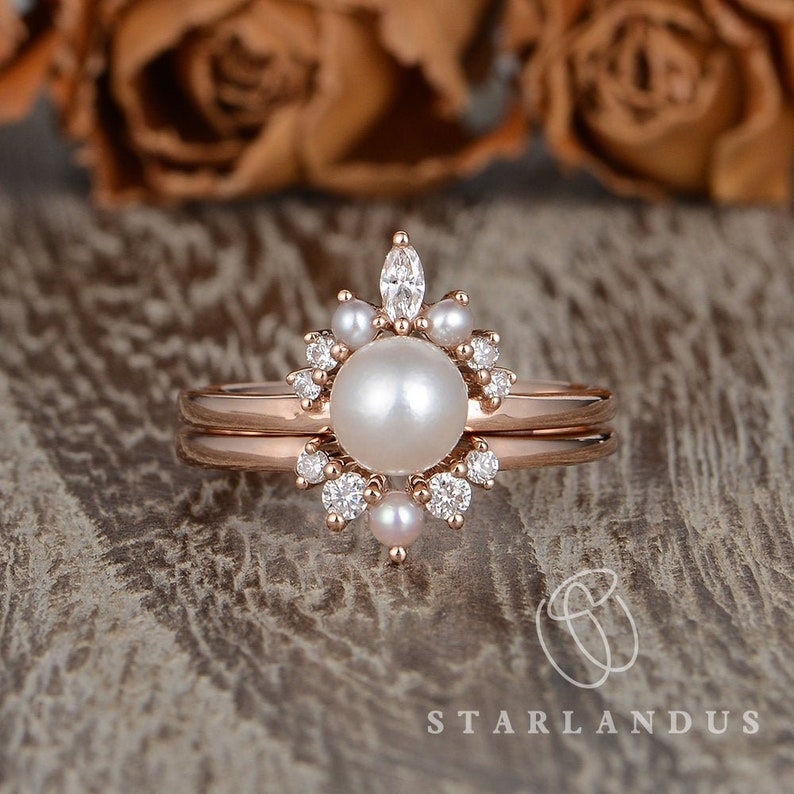 Akoya Pearl Ring Set Rose Gold Bridal Set Cluster Engagement - Etsy