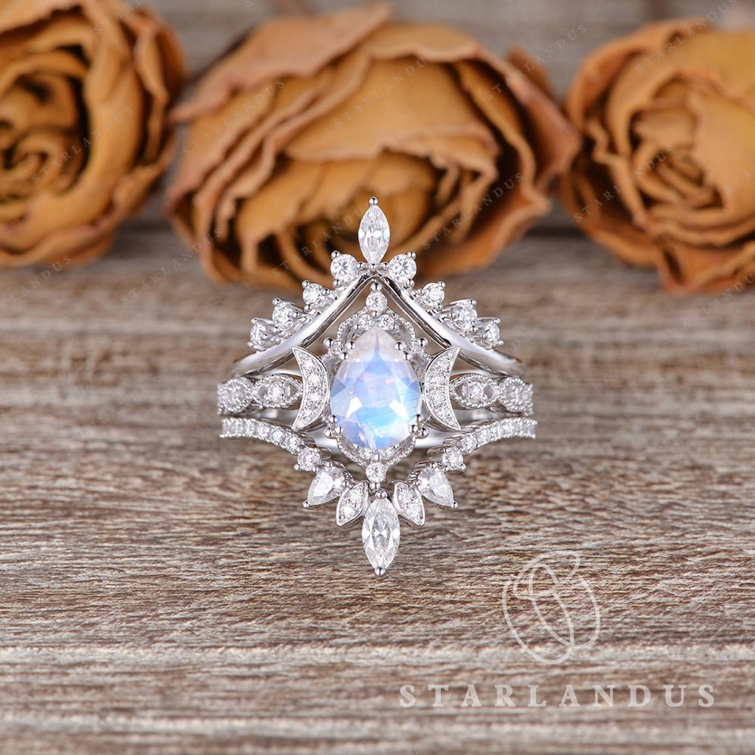 Antique Moonstone Ring Pear Shaped Engagement Rings 3pcs Art Deco Pear ...