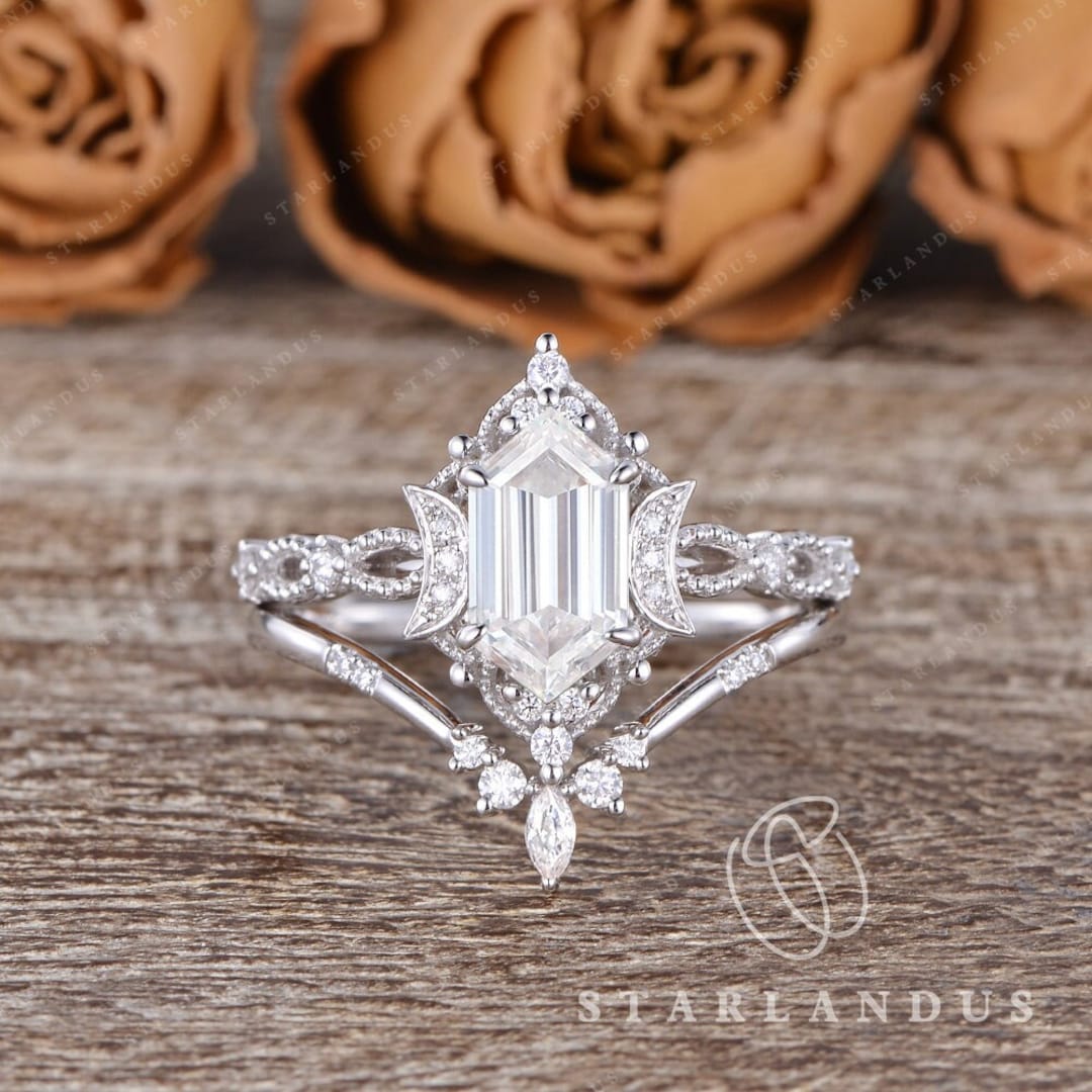 Fancy Hexagon Moissanite Engagement Ring 2pcs One of a Kindvintage ...