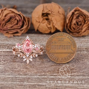 Unique Firework Cut Pink Sapphire Engagement Ring Set Rose Gold Pear ...