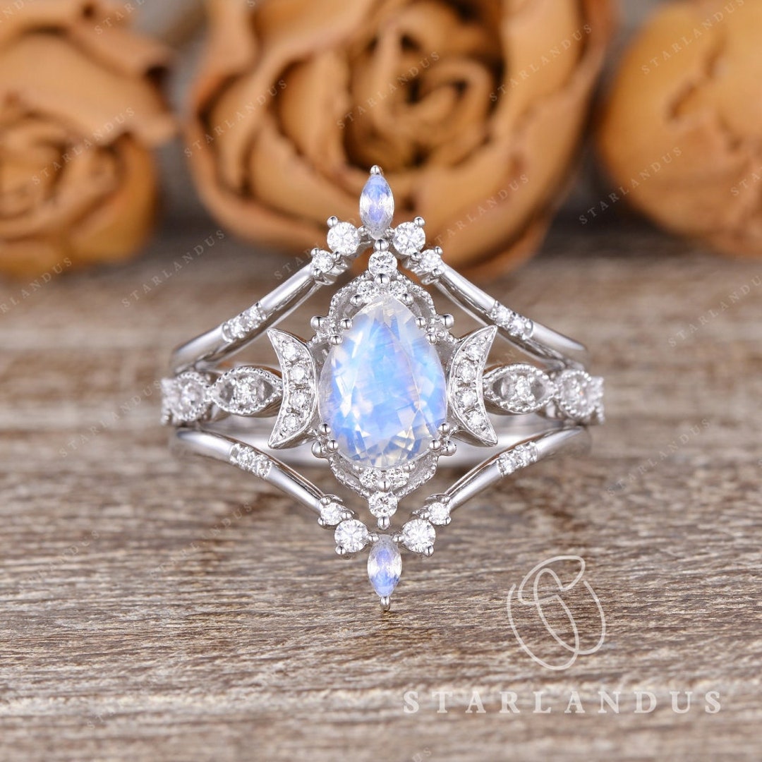 Art Deco Engagement Rings Pear Shaped Moonstone Ring Unique Crescent ...