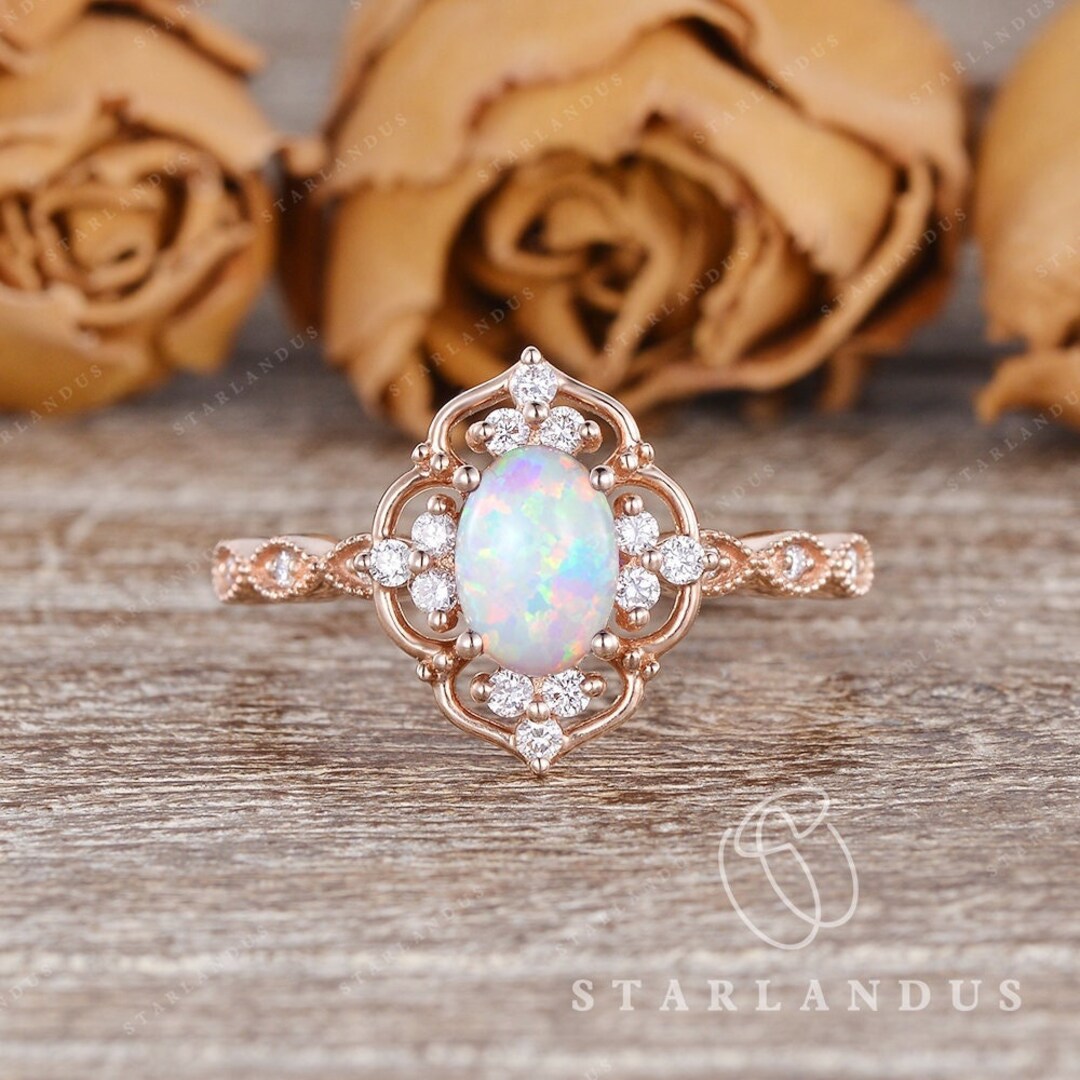 Lab White Opal Engagement Ring Lab Opal Art Deco Ring Unique Oval Halo ...