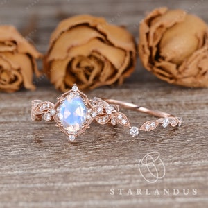 Vine Rose Gold Cluster Rings Unique Moonstone Bridal Set 2cps White ...