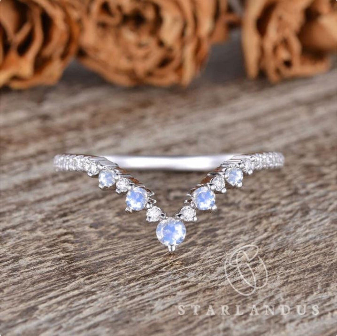 Custom Fit Gradient Moonstone Diamond Ring Curved Band White Gold ...