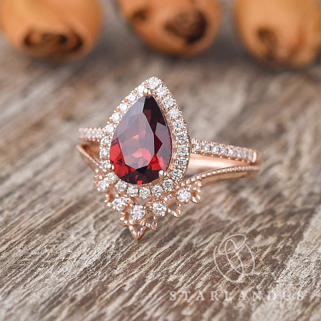 Pear Shaped Garnet Engagement Ring Set 2pcs Rose Gold Bridal Set Unique ...
