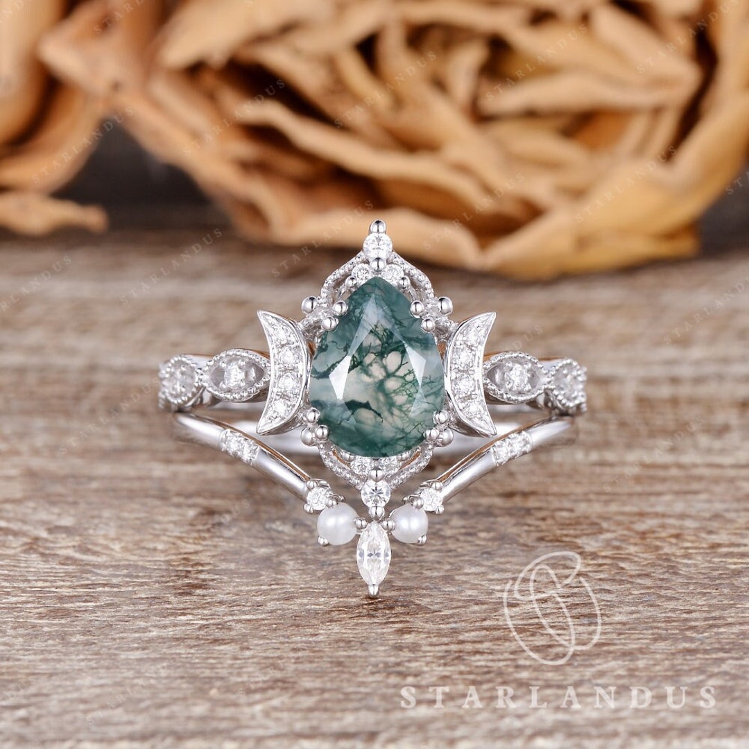 Pear Shaped Moon Engagement Ring 1ct Moss Agate Ring 2pcs White Gold ...