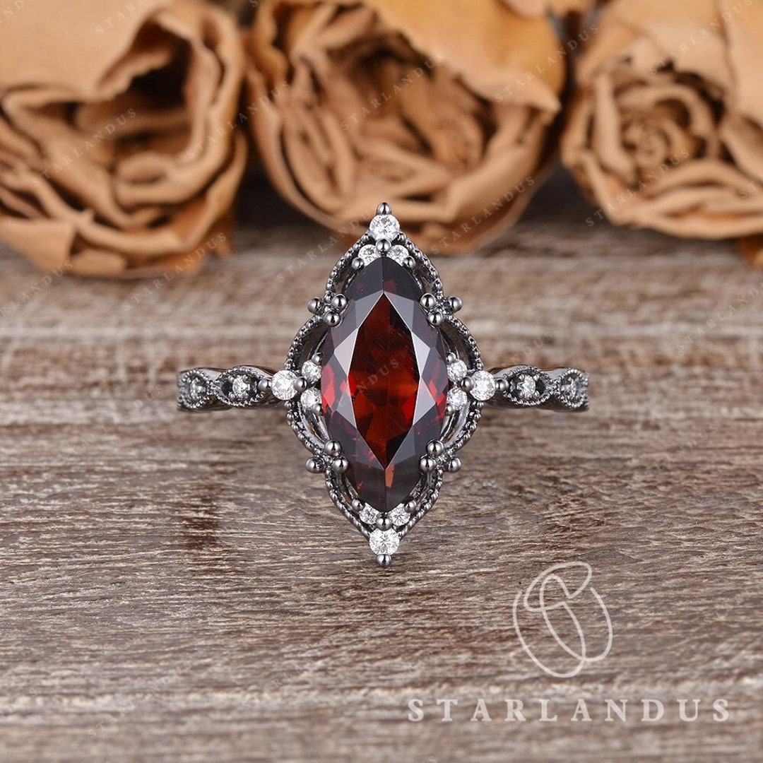 3ct Marquise Cut Garnet Engagement Ring Vintage Black Gold Gothic ...