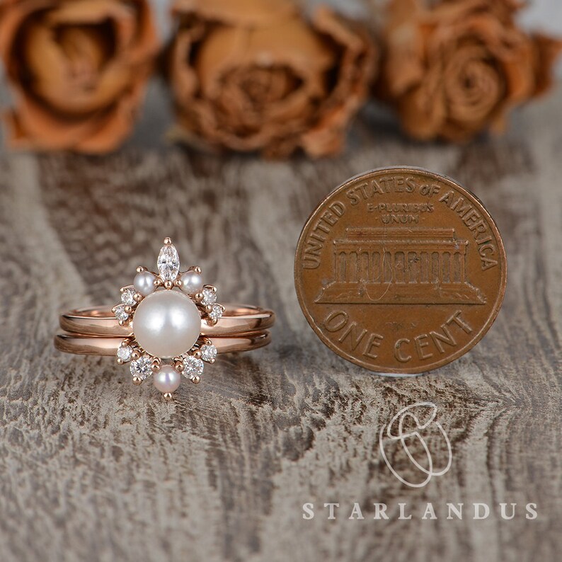 Akoya Pearl Ring Set Rose Gold Bridal Set Cluster Engagement - Etsy