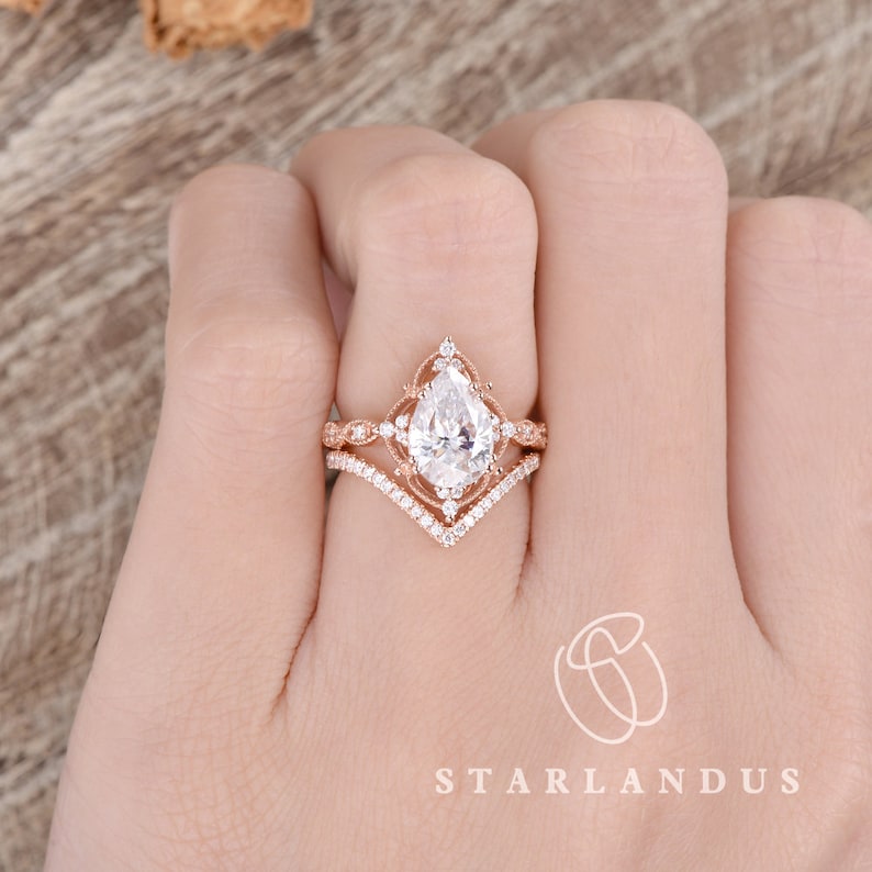 2ct Art Deco Bridal Set 2pcs Pear Shaped Moissanite Engagement - Etsy