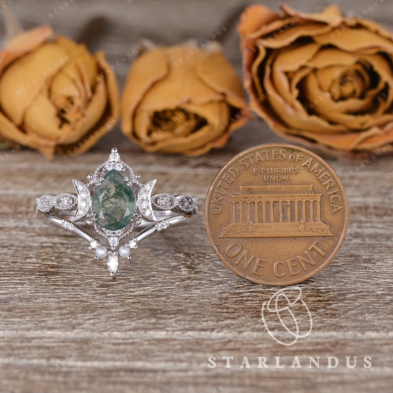 Pear Shaped Moon Engagement Ring 1ct Moss Agate Ring 2pcs | Etsy