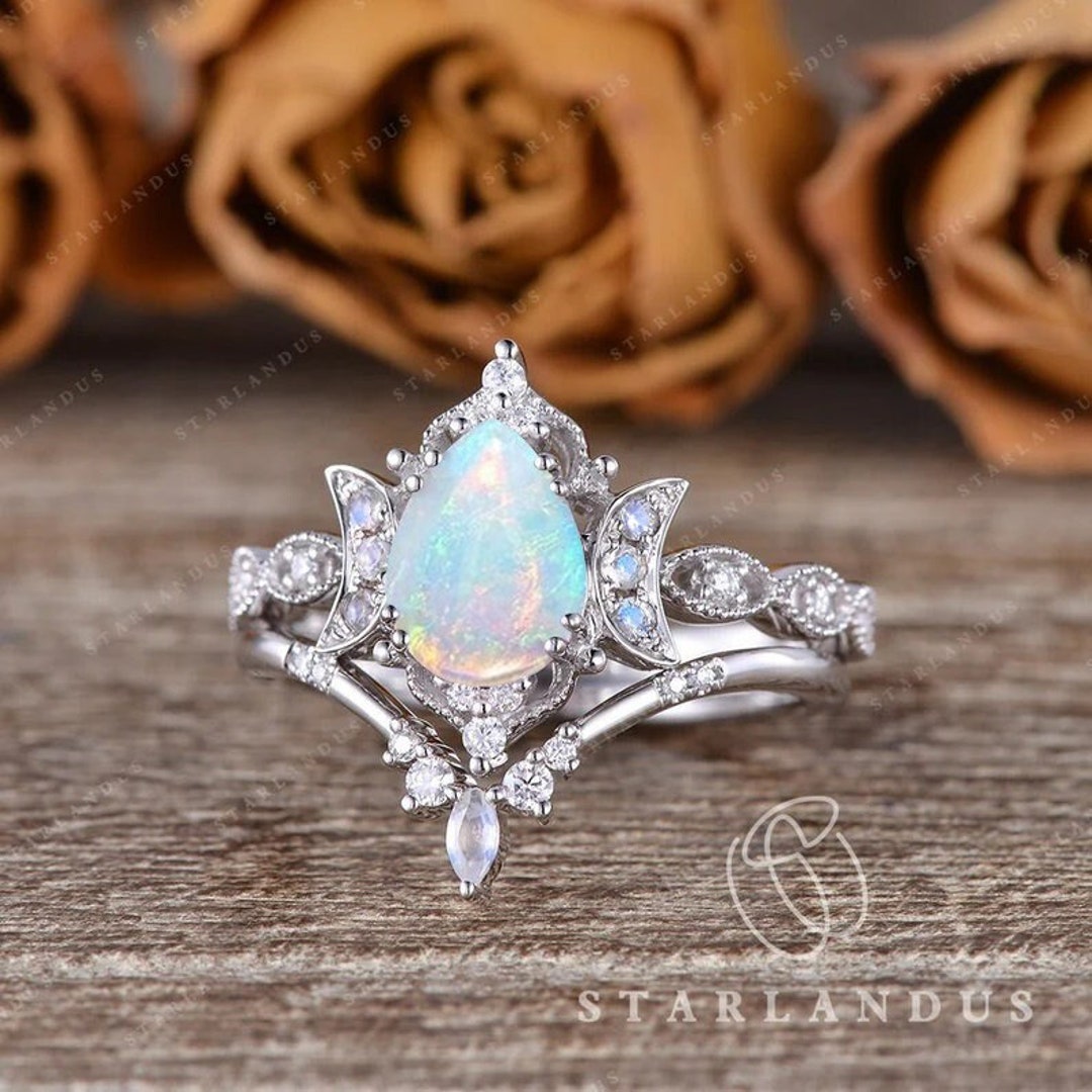 Opal Moon Wedding Ring Unique White Opal Moonstone Engagement Ring Pear Shaped Bridal Set 2pcs ...