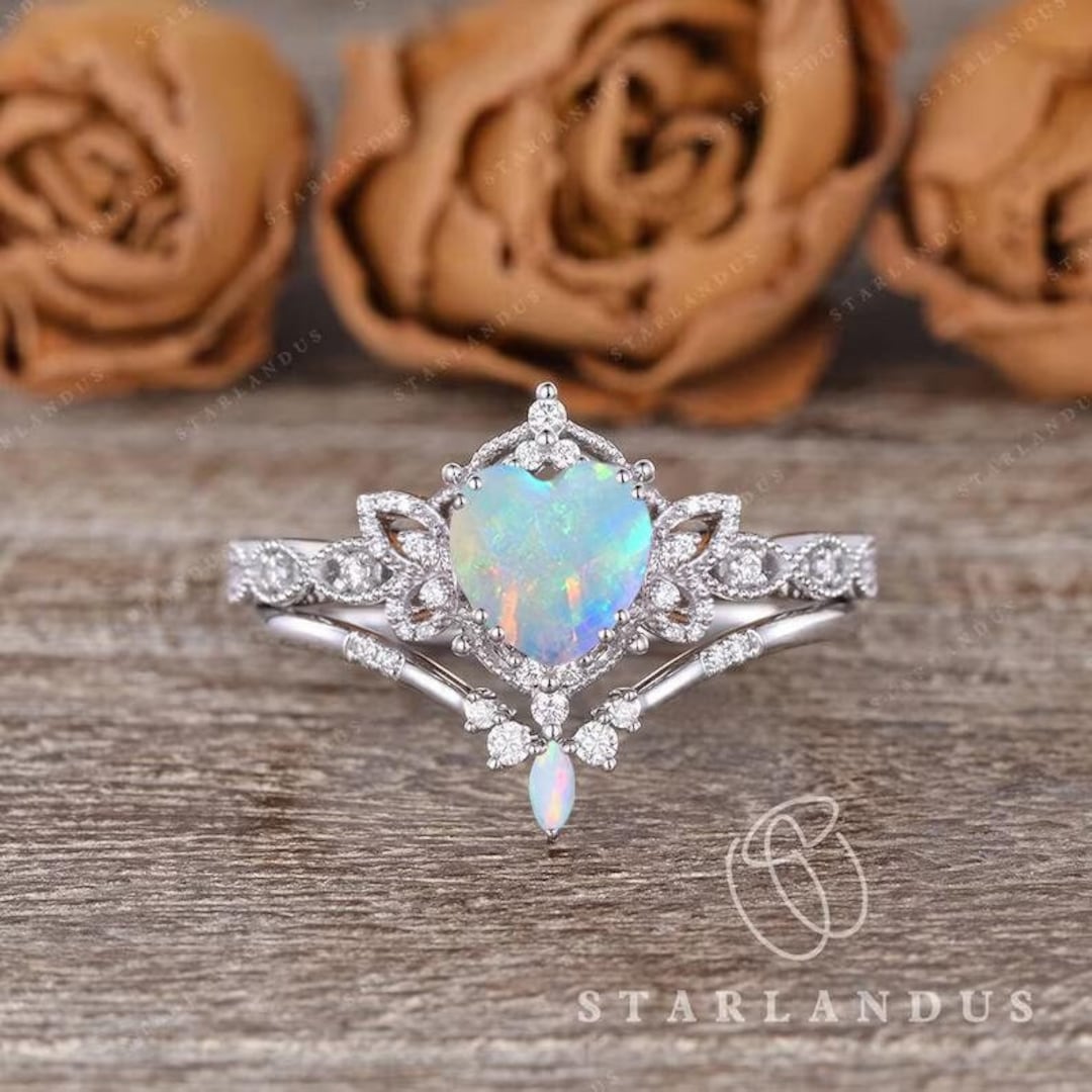 Fantasy Heart Shaped Opal Ring Set White Gold Butterfly Engagement Ring ...