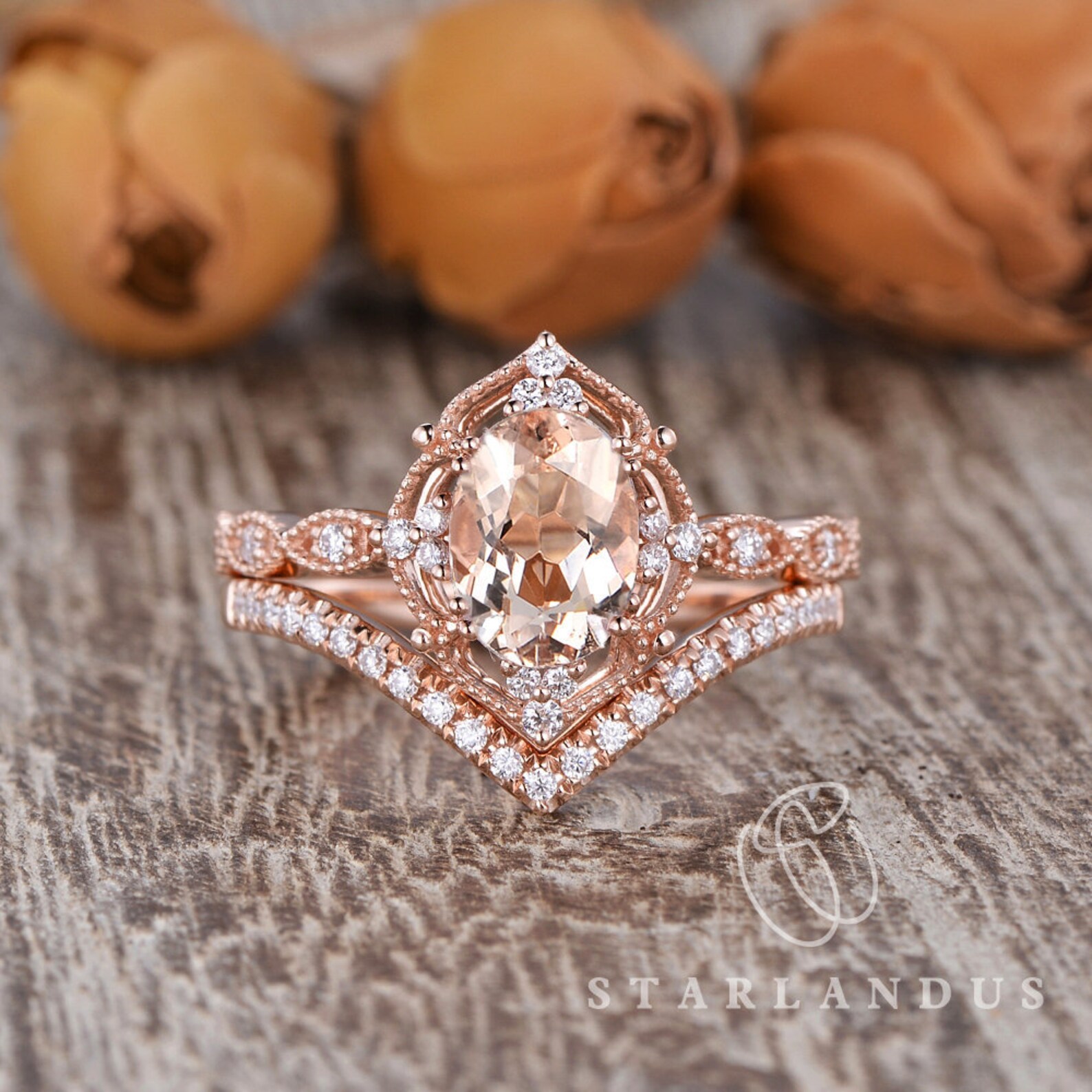 1.2ct Morganite Bridal Set 2pcs Art Deco Engagement Ring Flower Band ...