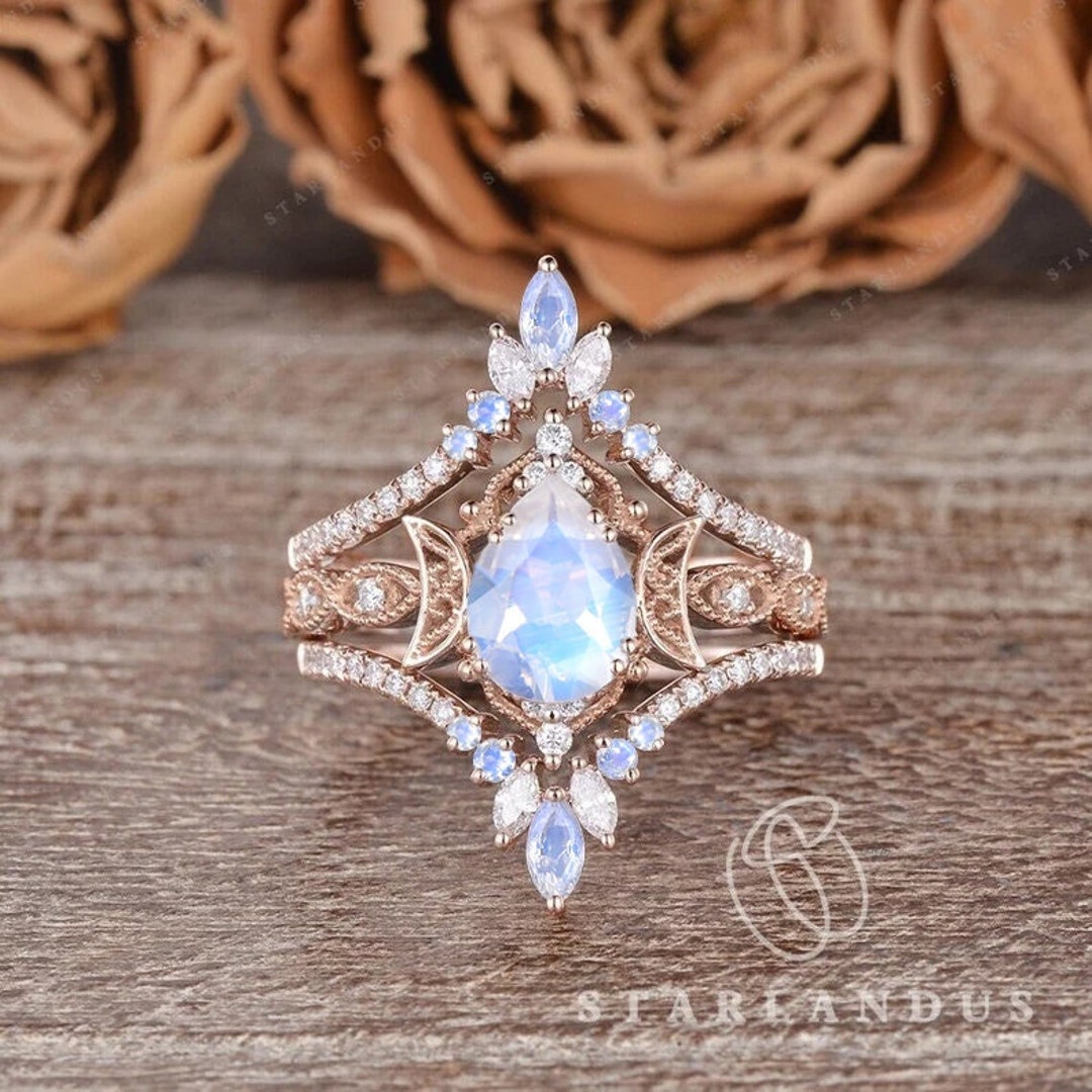Unique Pear Shaped Moonstone Ring Set Rose Gold Moissanite Bridal Set ...