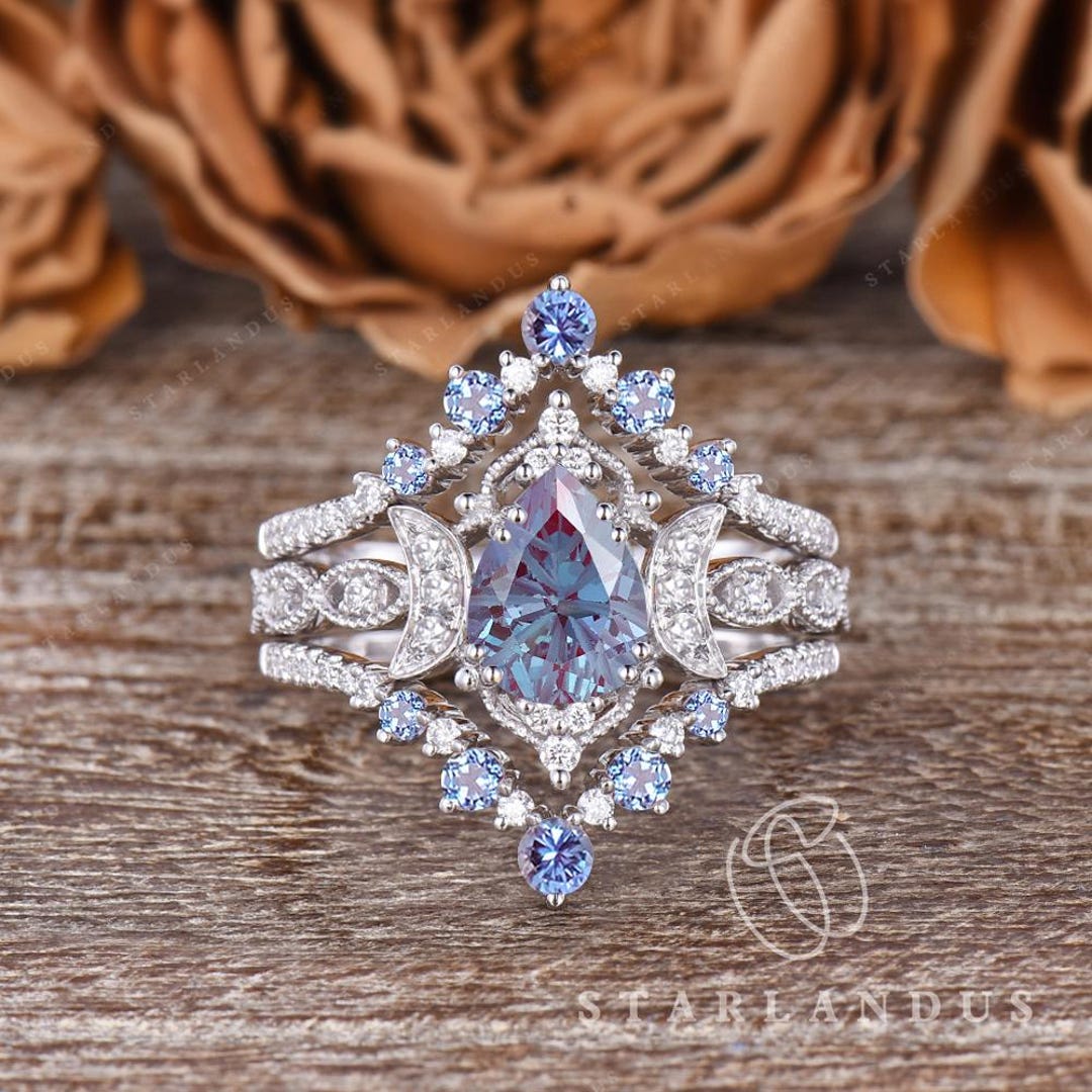 Vintage Firework Cut Alexandrite Engagement Ring Set 3pcs White Gold ...