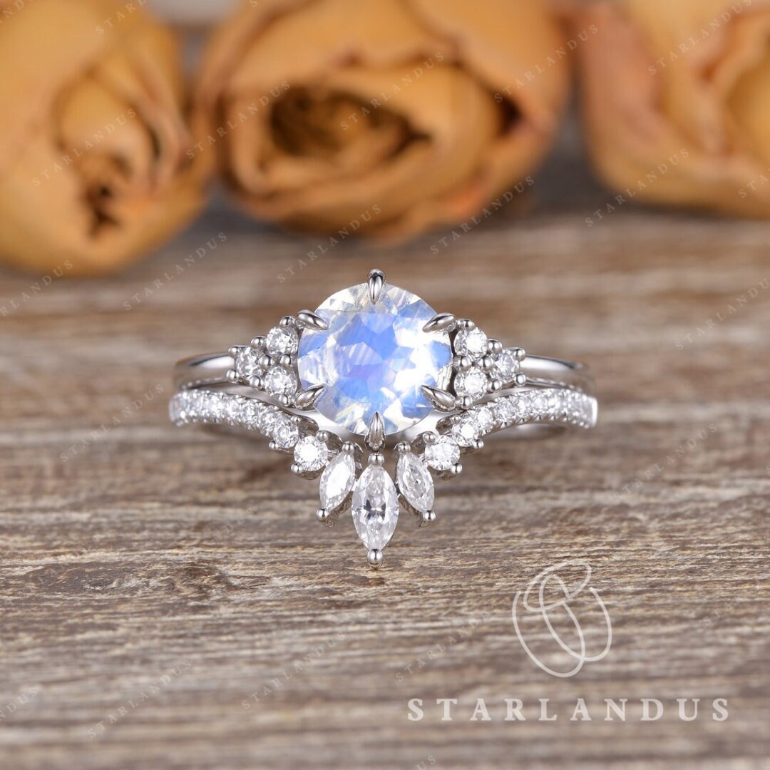 Cluster Moonstone Engagement Ring Moonstone Ring Bridal Set 2pcs White ...