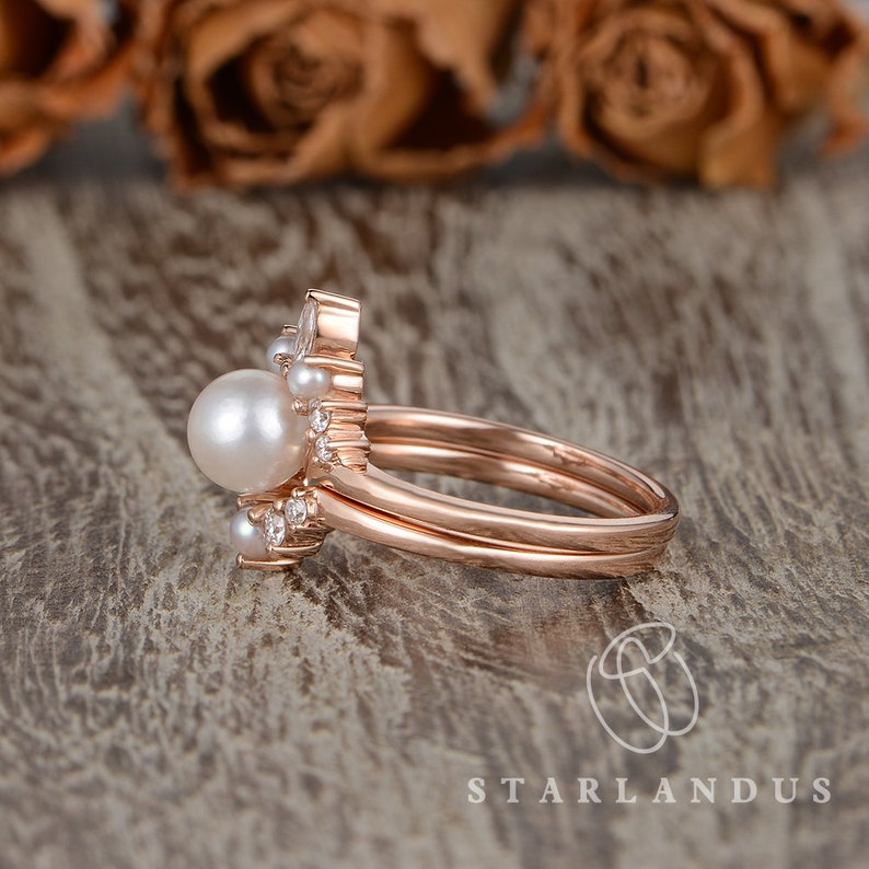 Akoya Pearl Ring Set Rose Gold Bridal Set Cluster Engagement - Etsy