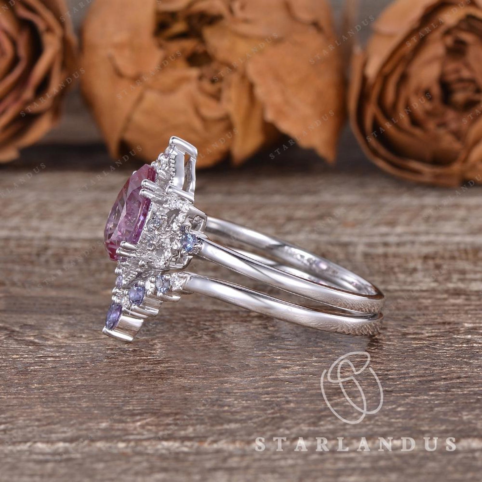 Unique Firework Cut Alexadrite Engagement Ring Set White Gold Pear ...