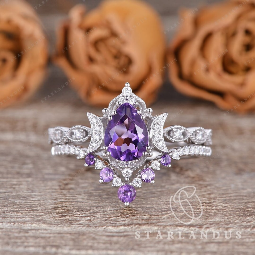 Amethyst Ring Set 2pcs Moon Pear Shaped Amethyst Engagement Ring ...
