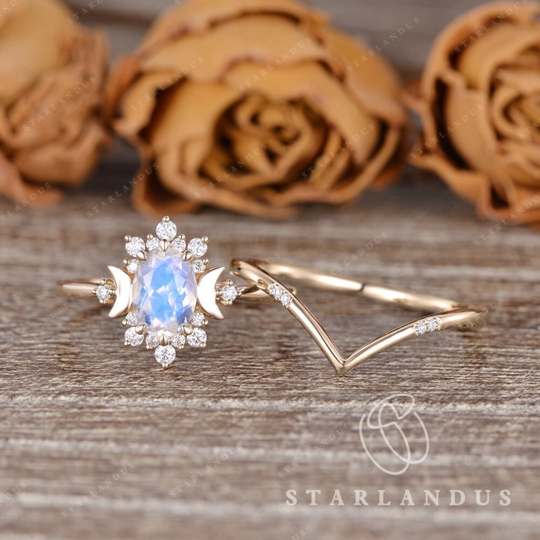 Starry Moonstone Engagement Ring Set 2pcs Cluster Gold Wedding Ring ...