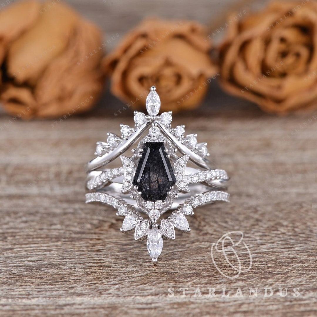 Vintage Inspired Crystal Engagement Ring Set 3pc Coffin Black Rutilated ...