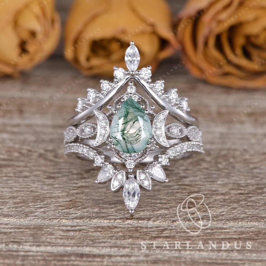 Vintage Inspired Green Moss Agate Ring Set 3pcs White Gold Engagement ...