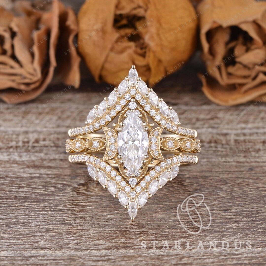 Unique Marquise Engagement Ring Set Moissanite Bridal Set Yellow Gold ...