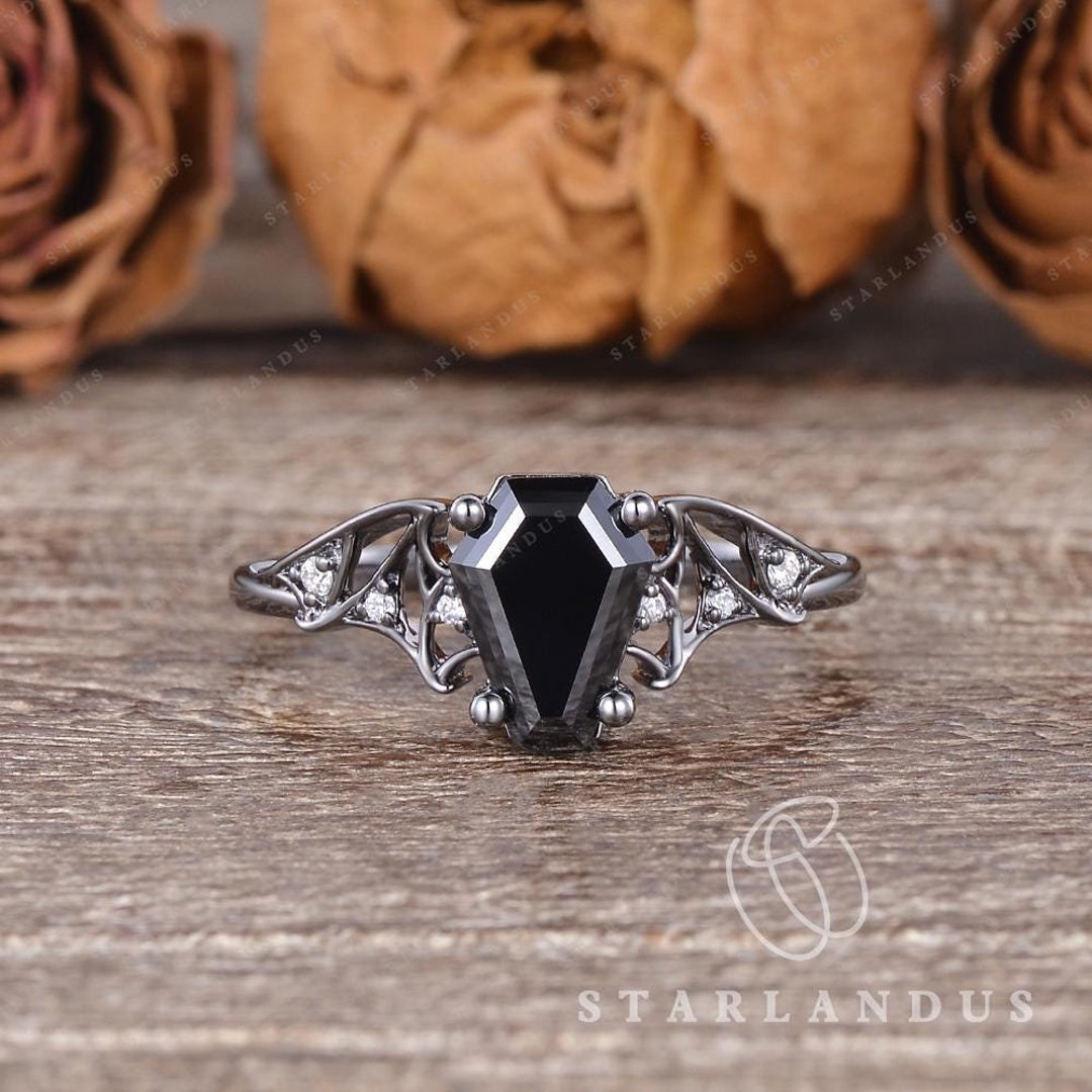 Gothic Black Gold Bat Ring Coffin Cut Black Moissanite Engagement Ring ...