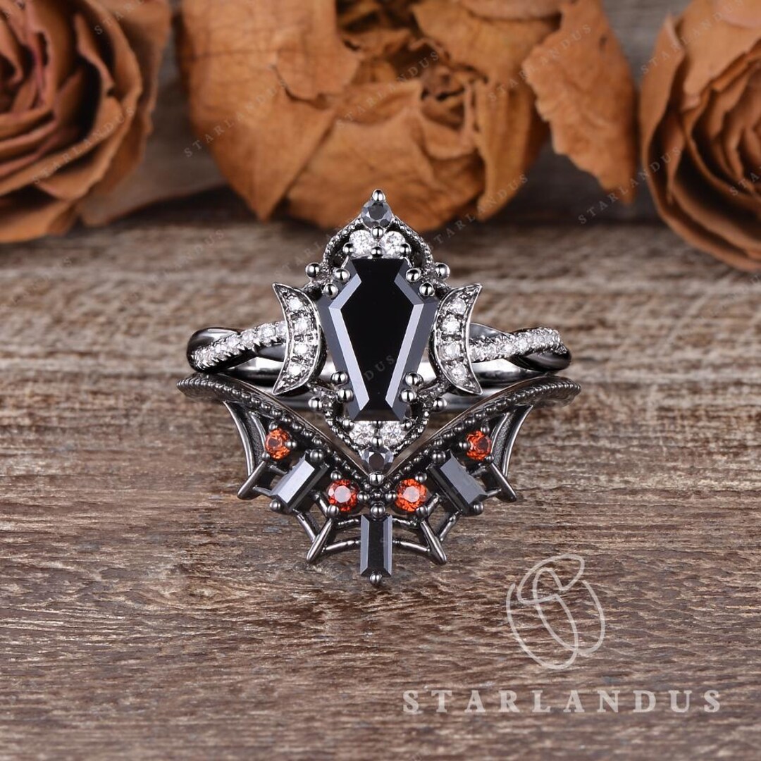 Gothic Coffin Shape Black Moissanite Engagement Ring Set Twisted Ring ...