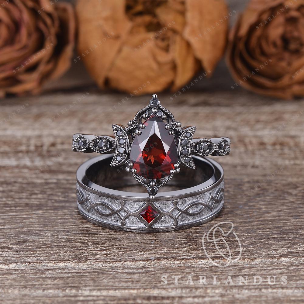 Goth Couples Ring Garnet Black Gold Black Gold Ring Crystal Wedding ...