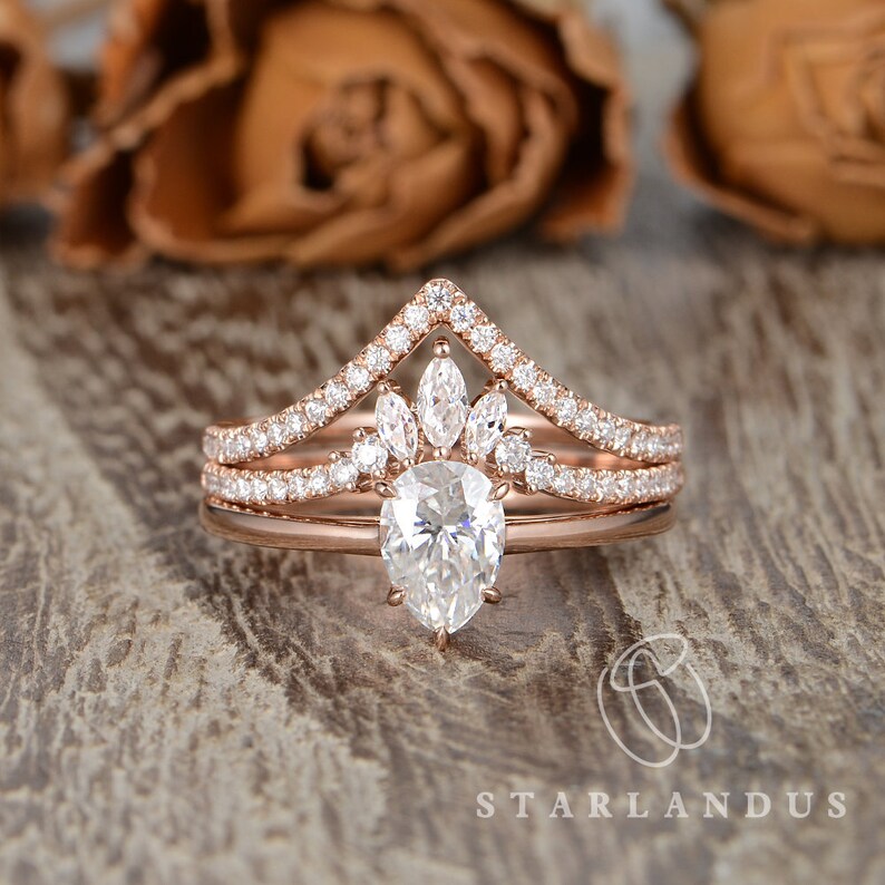 Pear Shaped Engagement Ring Rose Gold Bridal Set 3pcs Chevron - Etsy