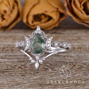 Pear Shaped Moon Engagement Ring 1ct Moss Agate Ring 2pcs | Etsy