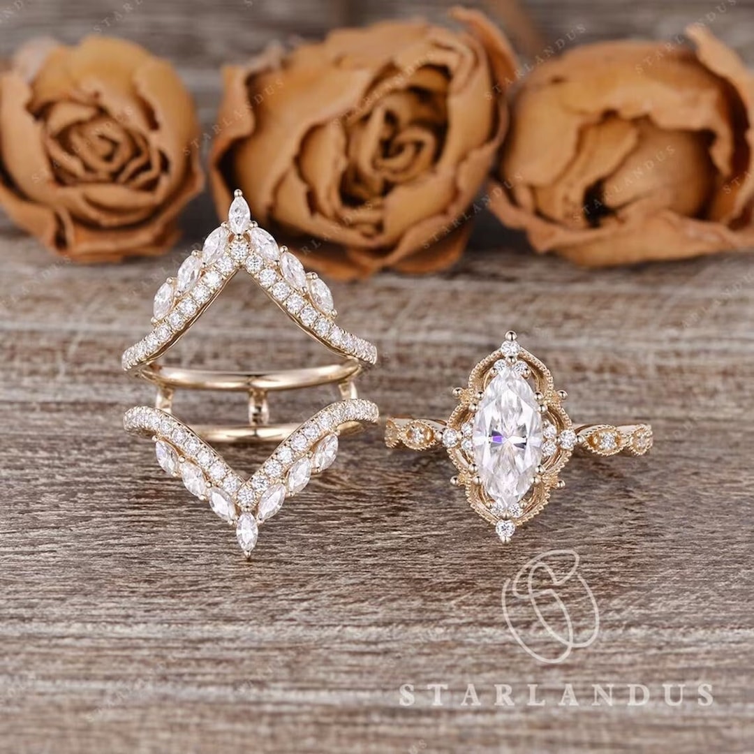 1ct Marquise Moissanite Bridal Set 2pcs Moissanite Cage Ring Unique ...