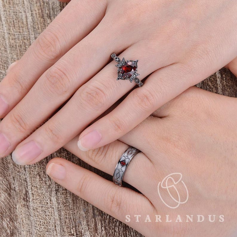 Goth Couples Ring Garnet Black Gold Black Gold Ring Crystal Wedding ...