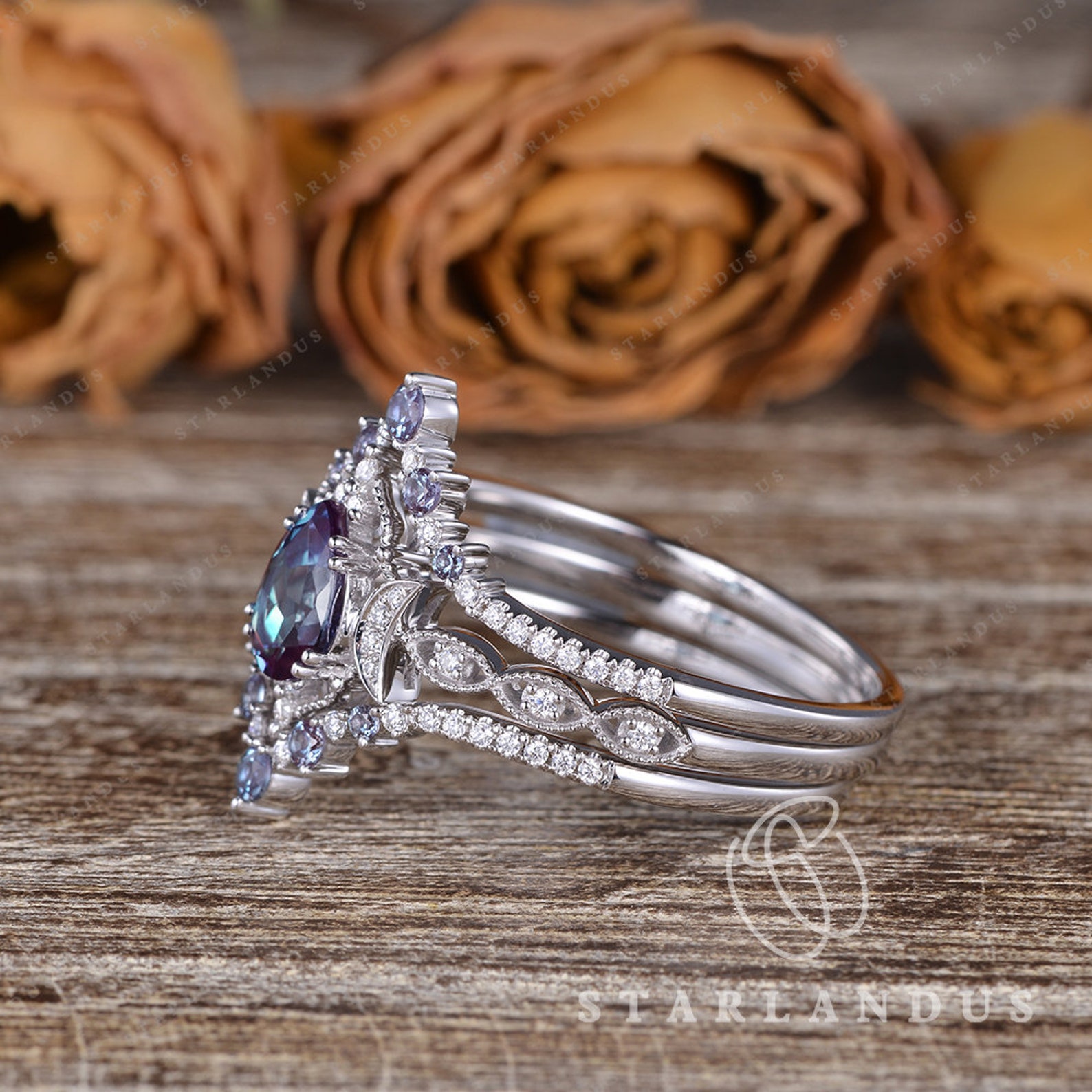 Pear Shaped Lab Alexandrite Ring Changing Color Ring 3pcs White Gold ...