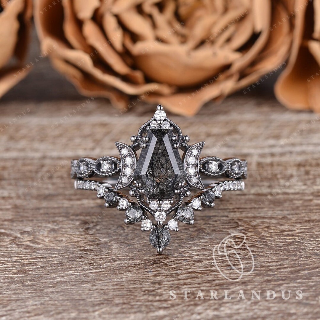 Gothic Black Gold Coffin Black Rutilated Quartz Engagement Ring Set ...