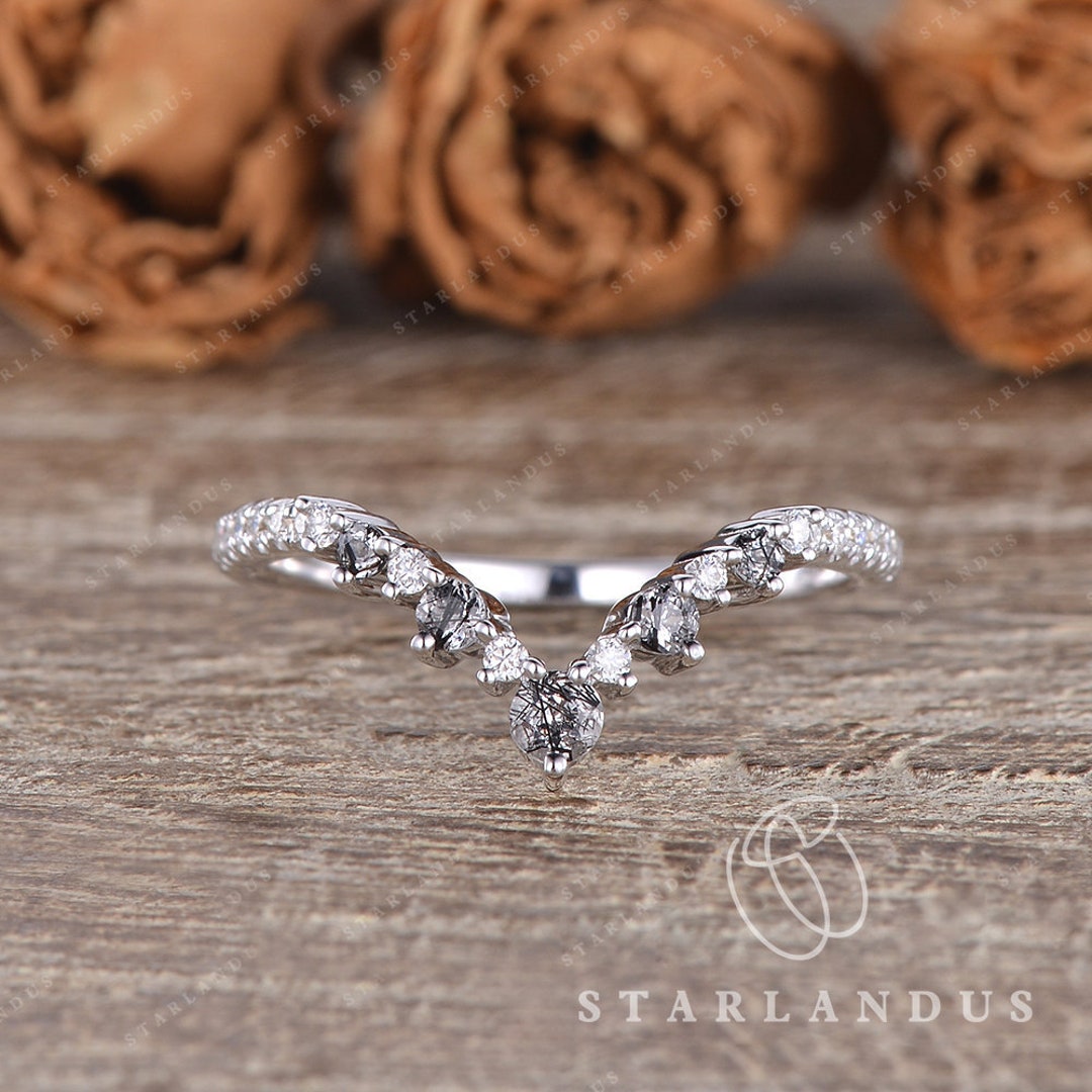 Crystal Gradient Diamond Ring Curved Wedding Band White Gold Black ...