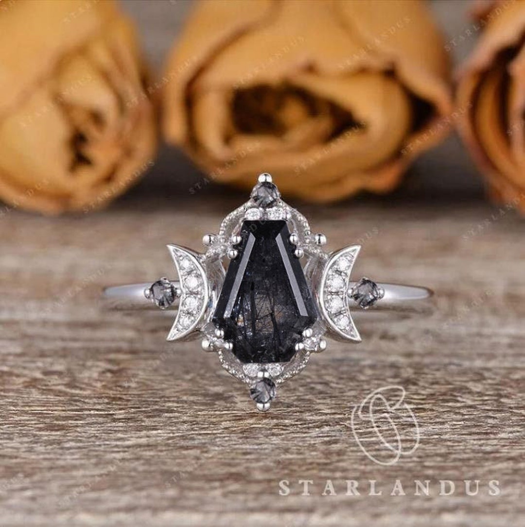 Black Crystal Ring Coffin Cut Black Rutilated Quartz Engagement Ring ...