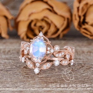 Vine Rose Gold Cluster Rings Unique Moonstone Bridal Set 2cps White ...