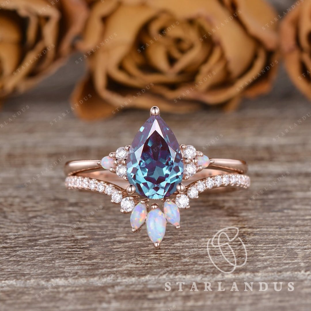 Alexandrite Opal Engagement Ring Set 2pcs Rose Gold Bridal Set Pear ...