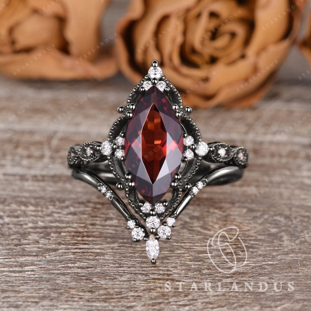 Marquise Garnet Engagement Ring Set Black Gold Bridal Set 2PCS Marquise ...