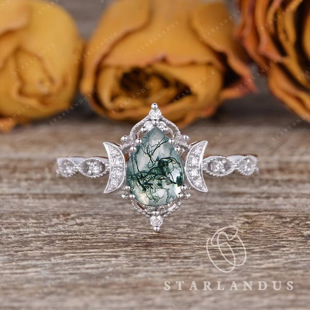 Pear Shaped Engagement Ring White Gold Moss Agate Engagement Ring Green ...