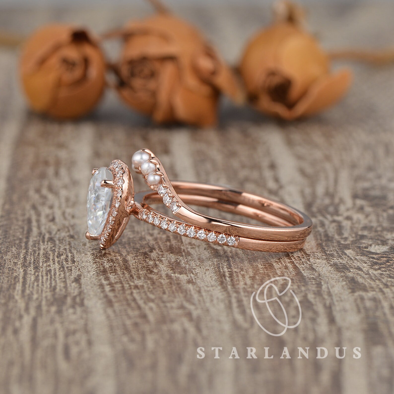 Pear Shaped Engagement Ring Rose Gold Bridal Set 2pcs | Etsy