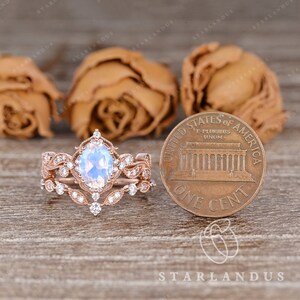 Vine Rose Gold Cluster Rings Unique Moonstone Bridal Set 2cps White ...