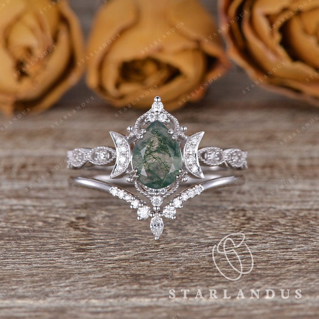 Moss Agate Moon Engagement Ring White Gold Inspired Wedding - Etsy