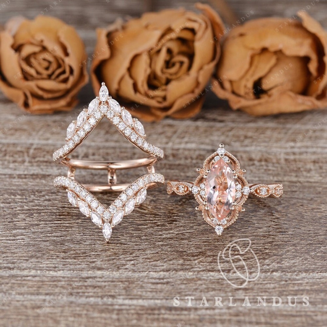 Vintage Marquise Morganite Engagement Ring Set Unique Rose Gold ...