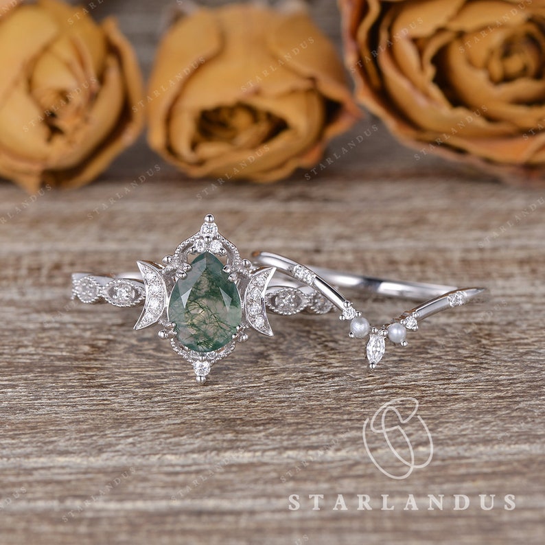 Pear Shaped Moon Engagement Ring 1ct Moss Agate Ring 2pcs - Etsy
