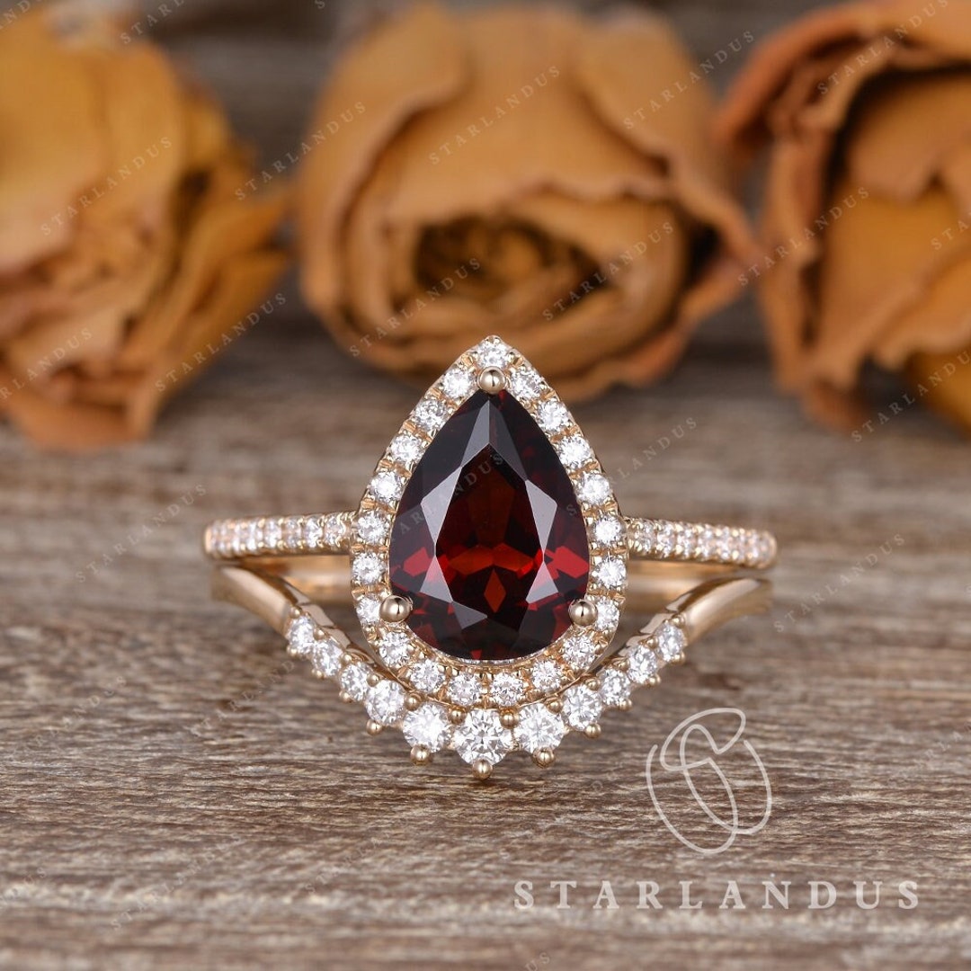 Pear Shaped Engagement Ring Rose Gold Bridal Set Pear Shaped Garnet ...
