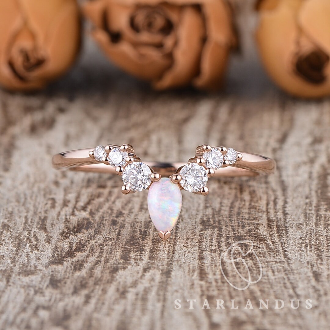 Pear Shaped Opal Custom Wedding Band Cluster Curved Wedding Band Women ...